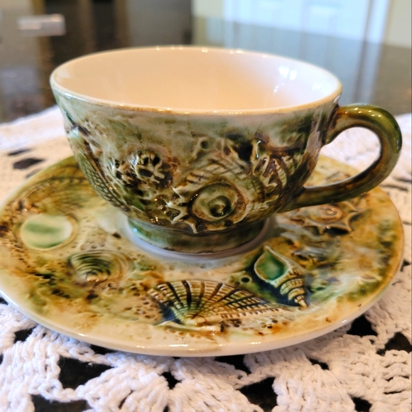 Kitchen | Vintage Majolica Pottery Hand Painted Seashell Shell Cup ...